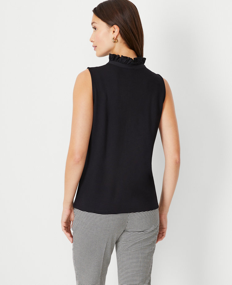 Pearlized Button Ruffle Trim Shell