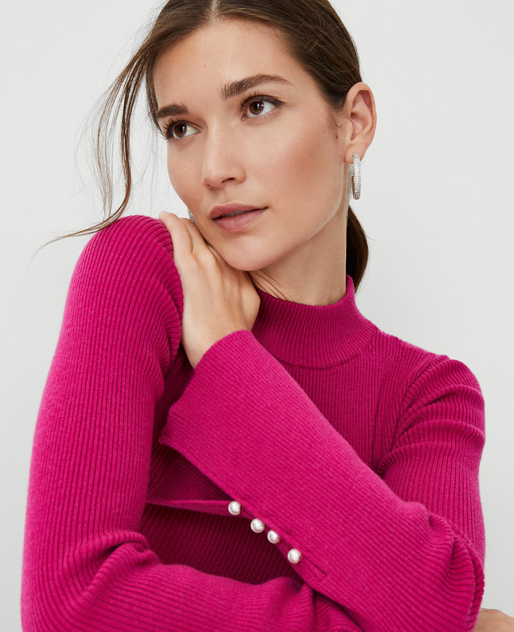Pearlized Button Cuff Ribbed Sweater