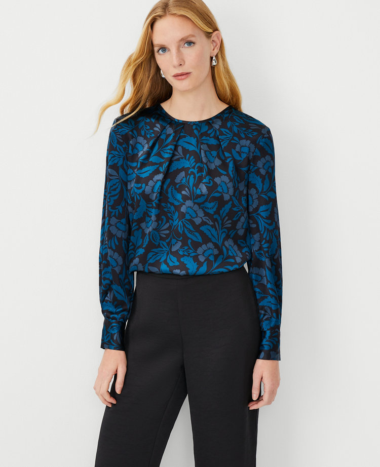 Studio Collection Floral Pleat Neck Silk Blouse