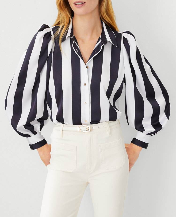 Stripe Collared Puff Sleeve Shirt