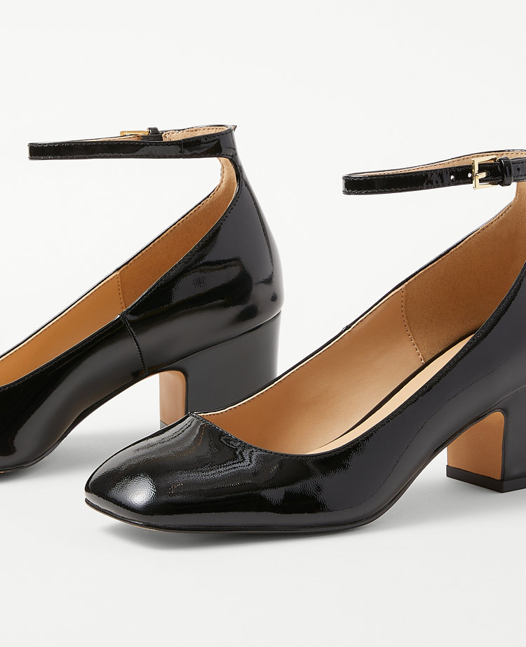 Patent Ankle Strap Block Heel Pumps