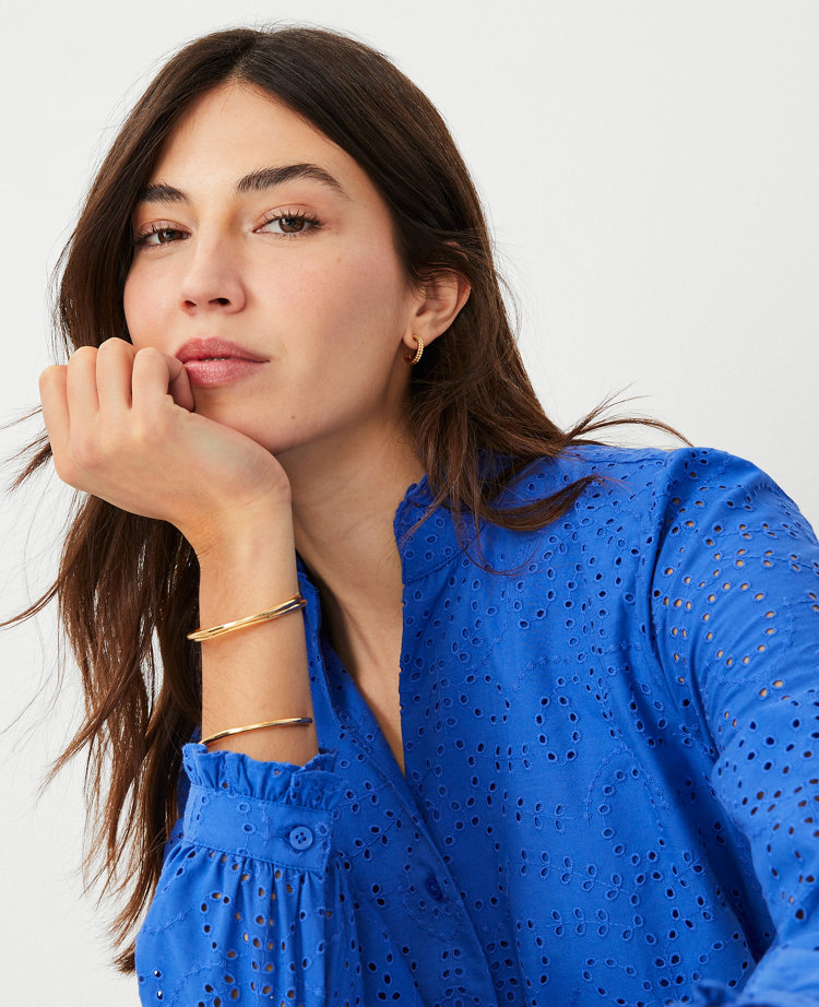 Eyelet Ruffle Button Top