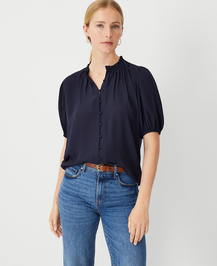 Mixed Media Ruffle Neck Top