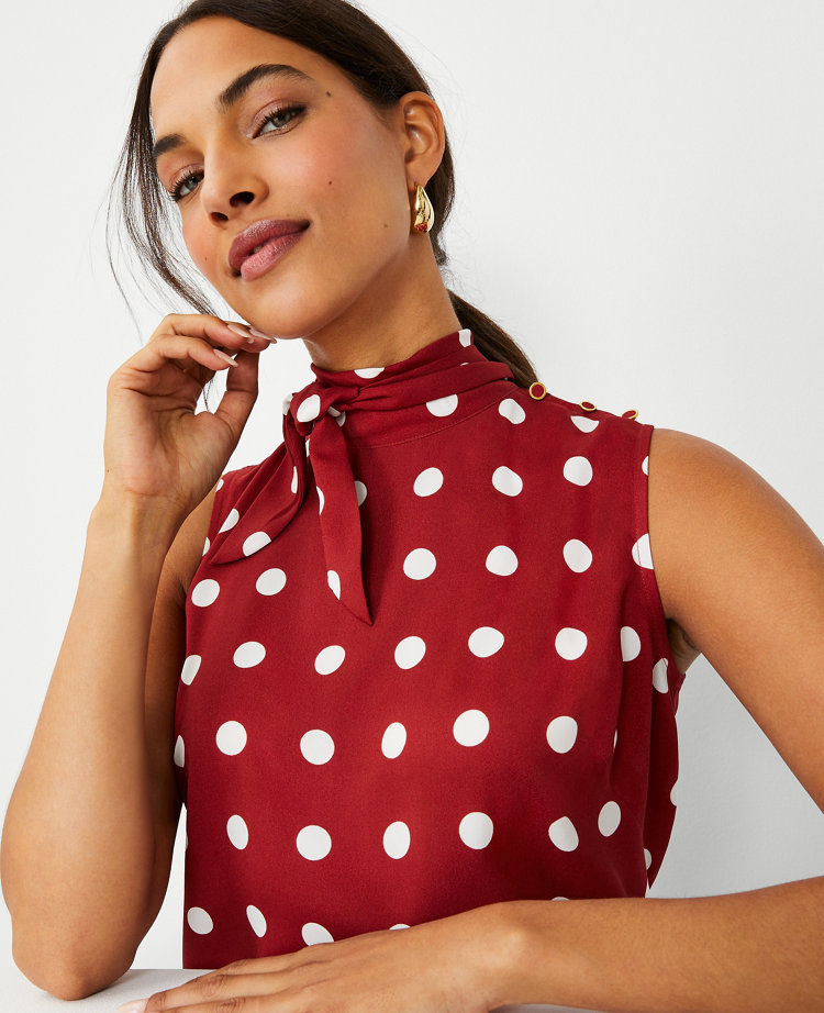 Dotted Shoulder Button Tie Mock Neck Shell