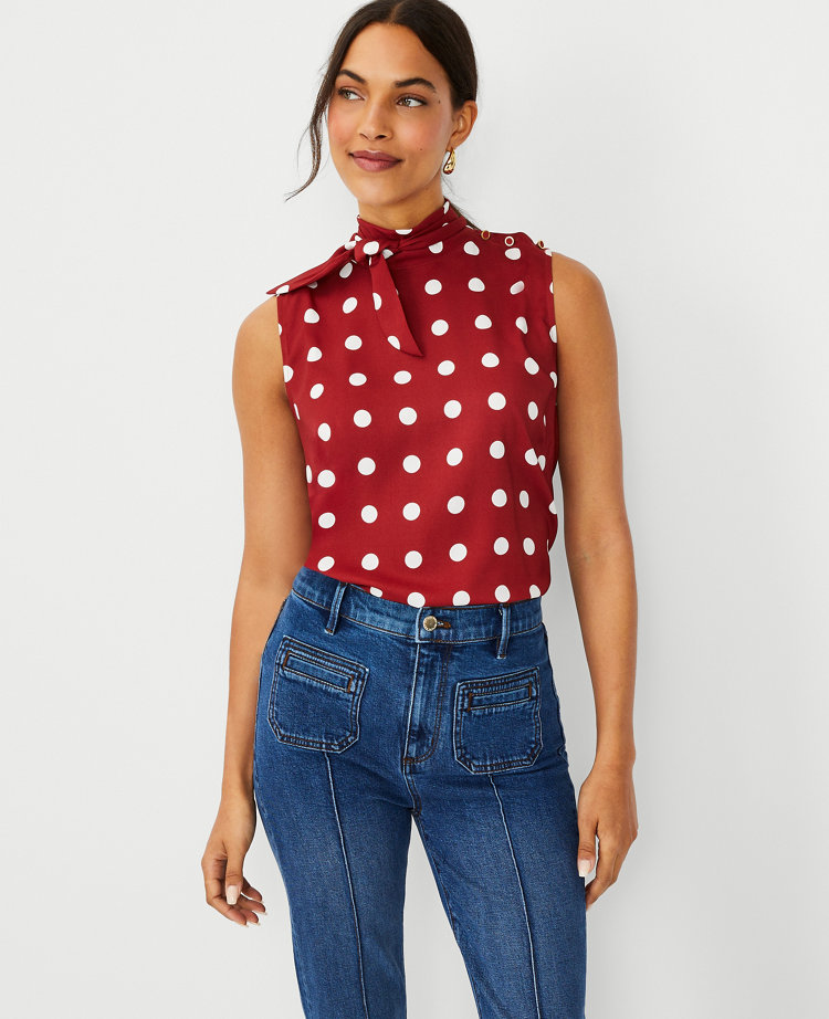 Dotted Shoulder Button Tie Mock Neck Shell