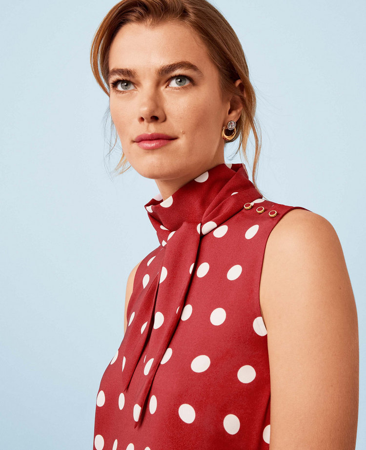 Dotted Shoulder Button Tie Mock Neck Shell
