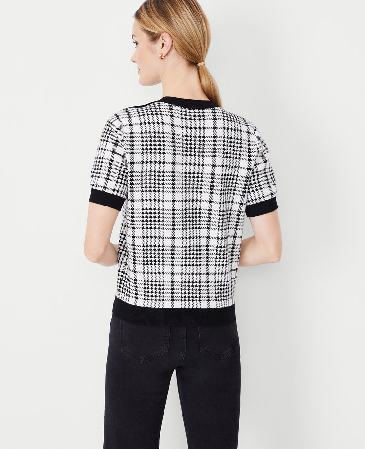 Plaid Jacquard Shoulder Button Sweater Tee