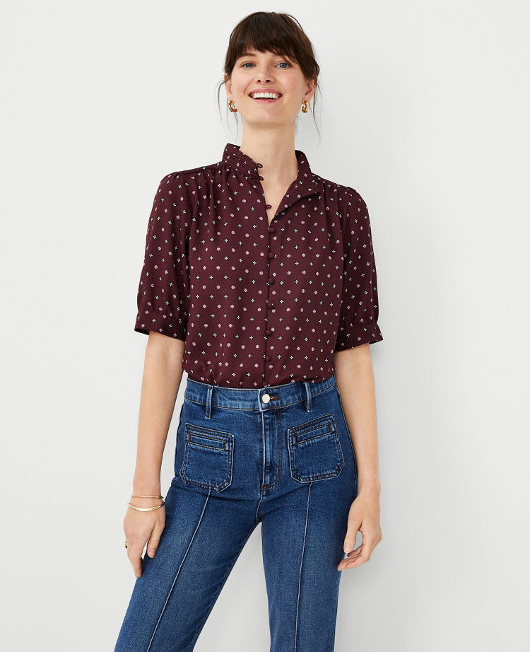 Geo Pleated Mock Neck Button Top