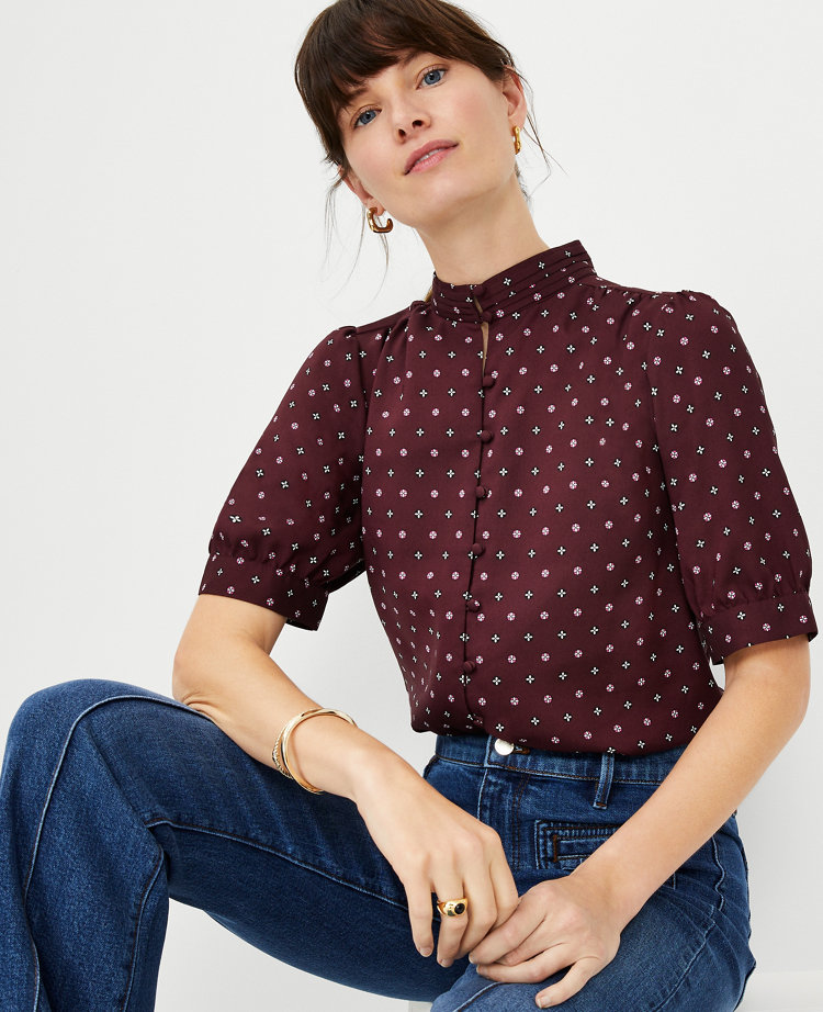 Geo Pleated Mock Neck Button Top