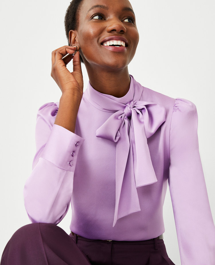 Mock Tie Neck Puff Sleeve Top