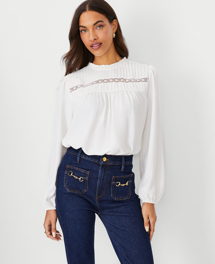 Mixed Media Pleated Yoke Blouse