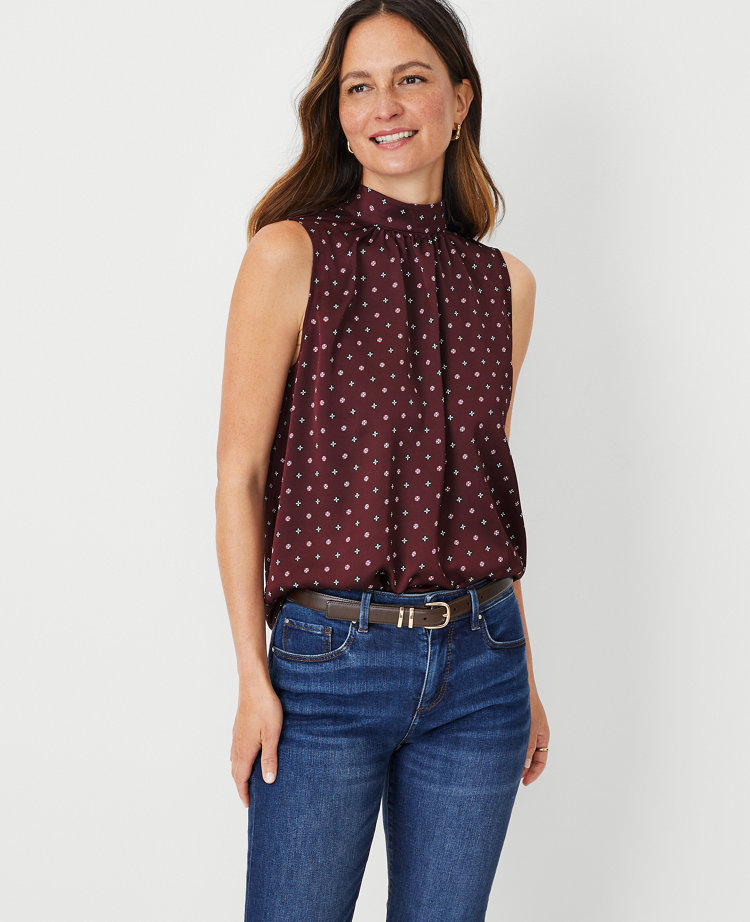 Geo Mixed Media Tie Back Mock Neck Shell