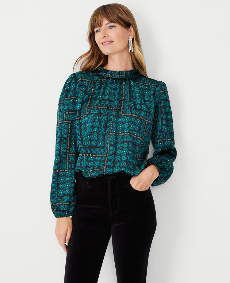 Floral Shimmer Mixed Media Ruffle Neck Blouse