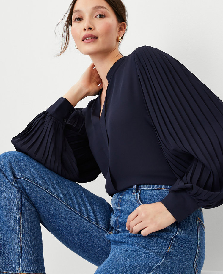 Pleated Sleeve Split Neck Blouse
