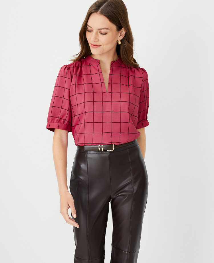 Windowpane Puff Sleeve Split Neck Top