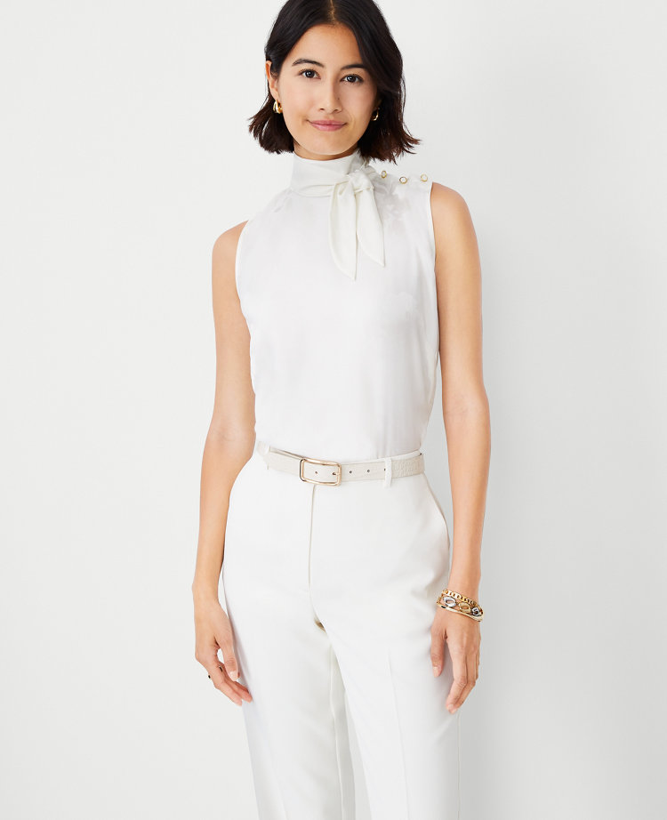 Tall Floral Jacquard Shoulder Button Tie Mock Neck Shell