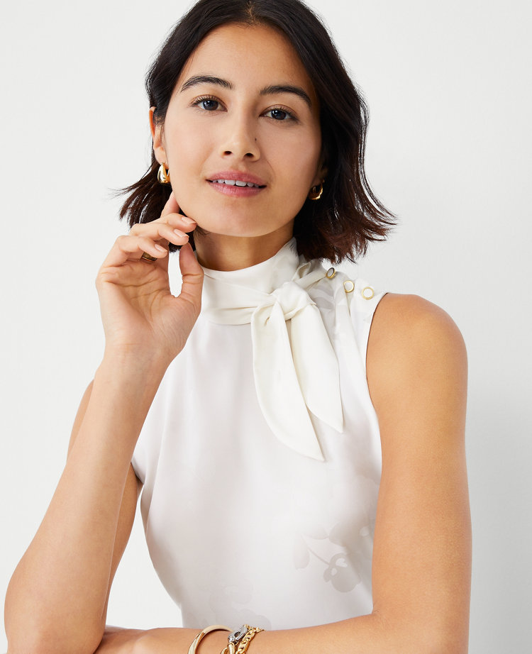 Tall Floral Jacquard Shoulder Button Tie Mock Neck Shell