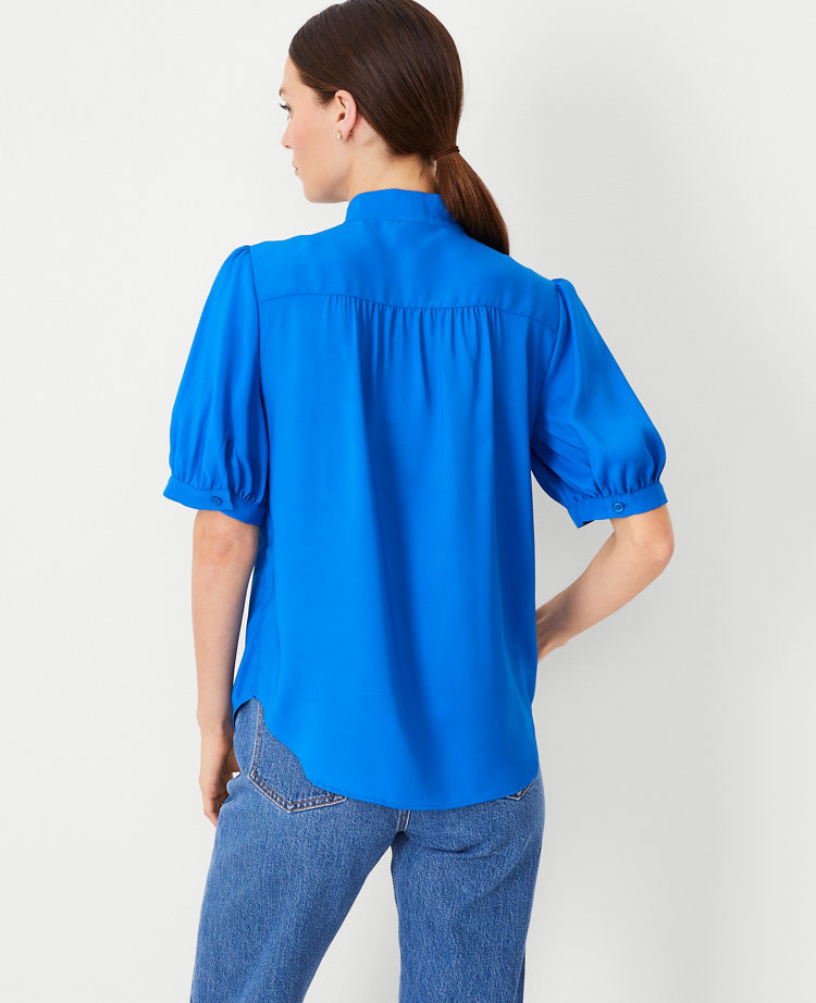 Puff Sleeve Tie Neck Button Top