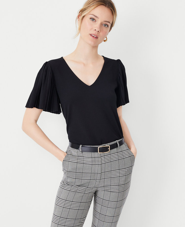 Petite Crepe Mixed Media Pleated Sleeve Top