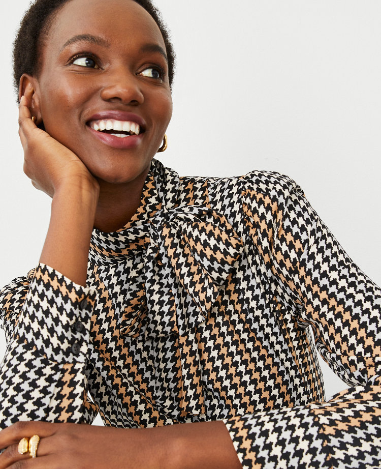 Houndstooth Mock Tie Neck Puff Sleeve Top