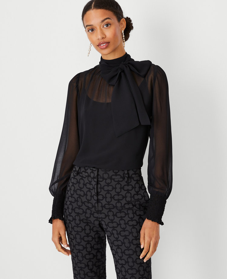 Sheer Smocked Cuff Bow Blouse