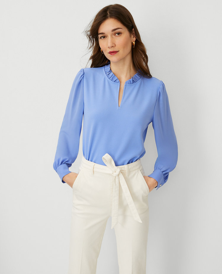 Ruffle Neck Puff Sleeve Mixed Media Top