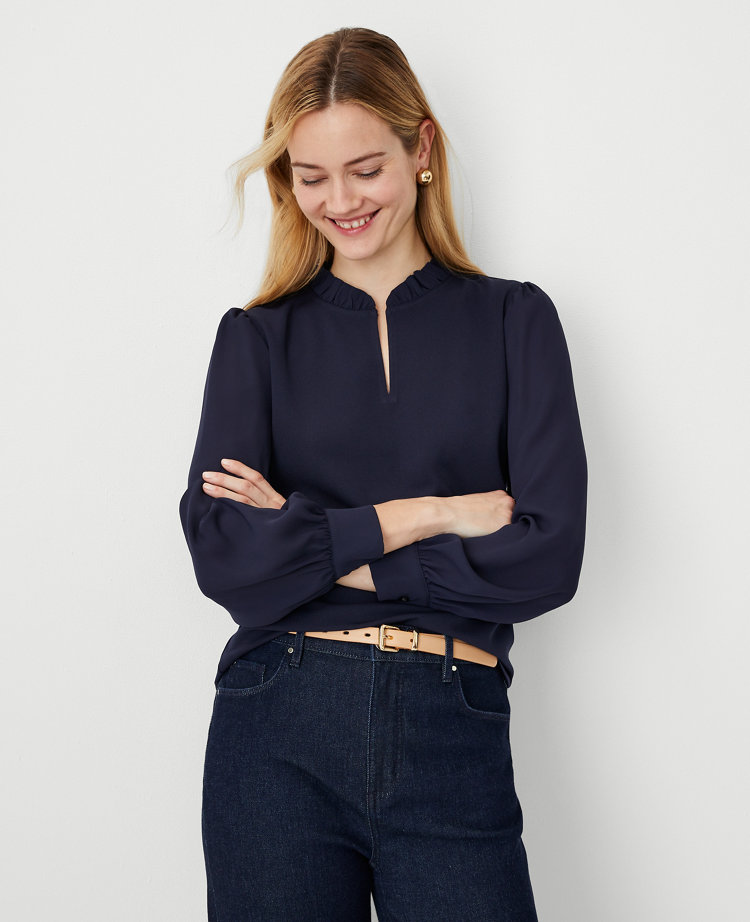 Ruffle Neck Puff Sleeve Mixed Media Top