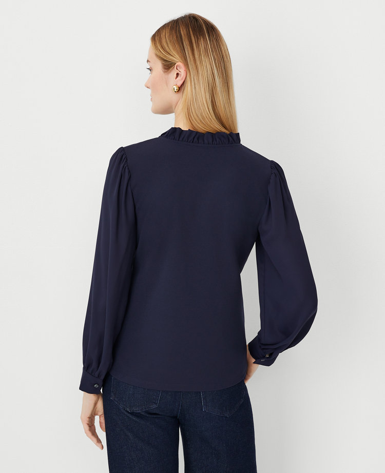 Ruffle Neck Puff Sleeve Mixed Media Top