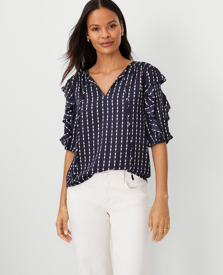 Shirred Ruffle Tie Neck Popover