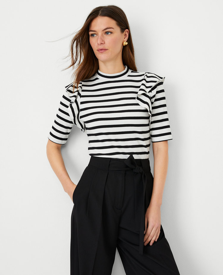 Stripe Ribbed Ruffle Shoulder Top