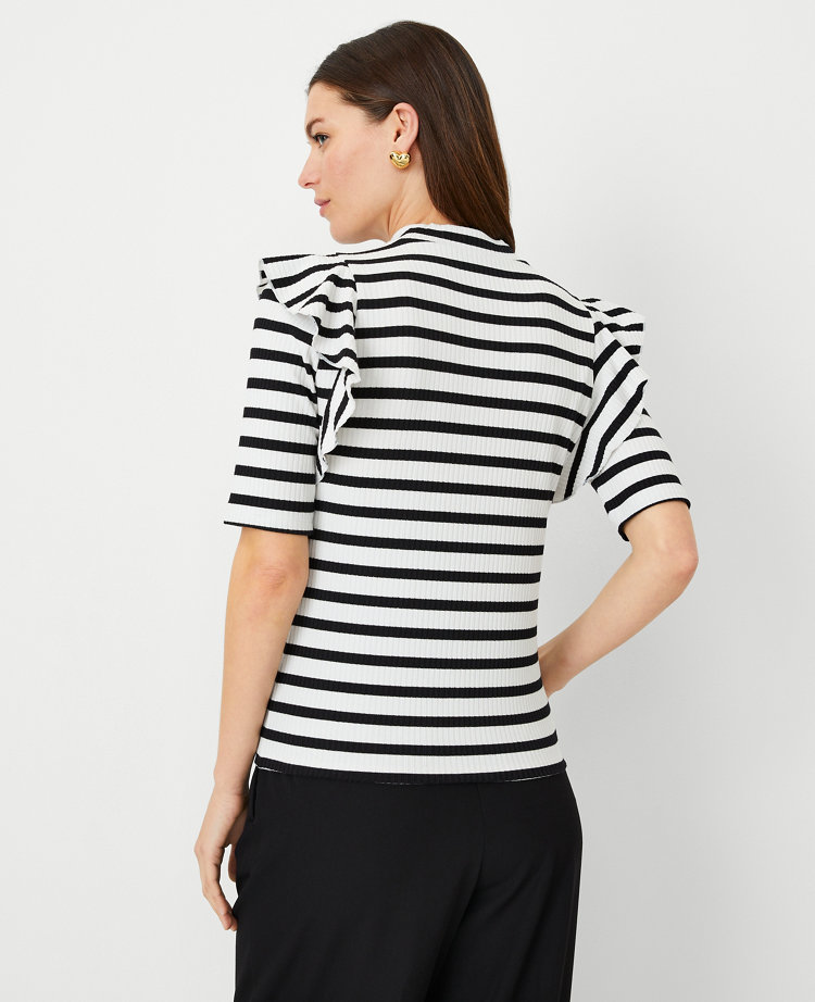 Stripe Ribbed Ruffle Shoulder Top