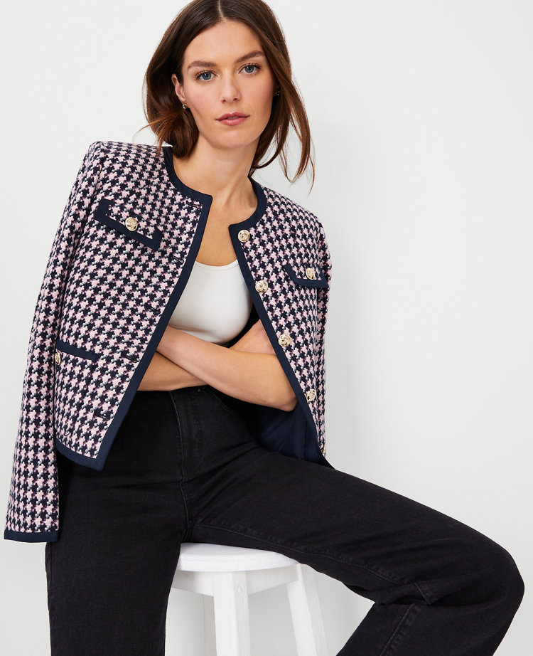 Petite Houndstooth Framed Crew Neck Jacket