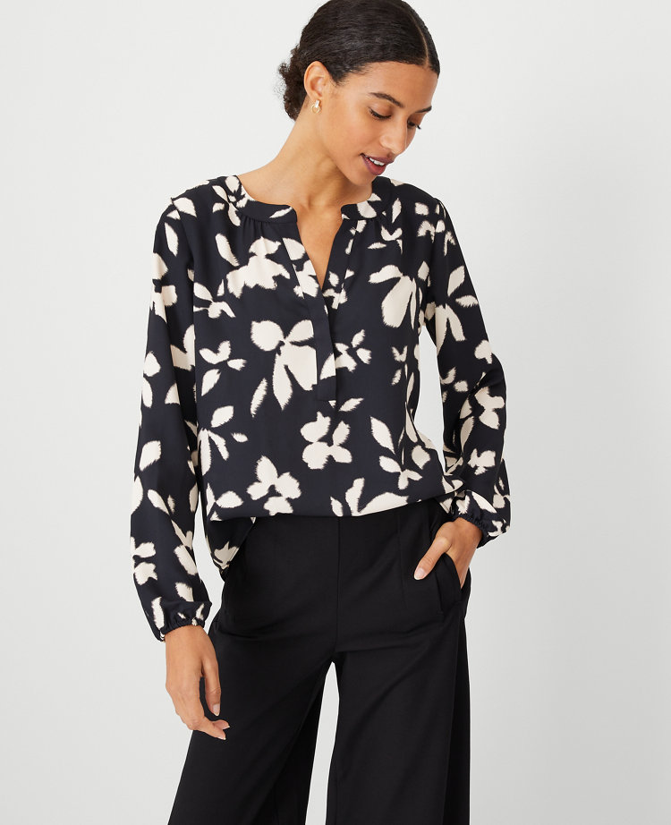 Tall Shirred Floral Split Neck Popover