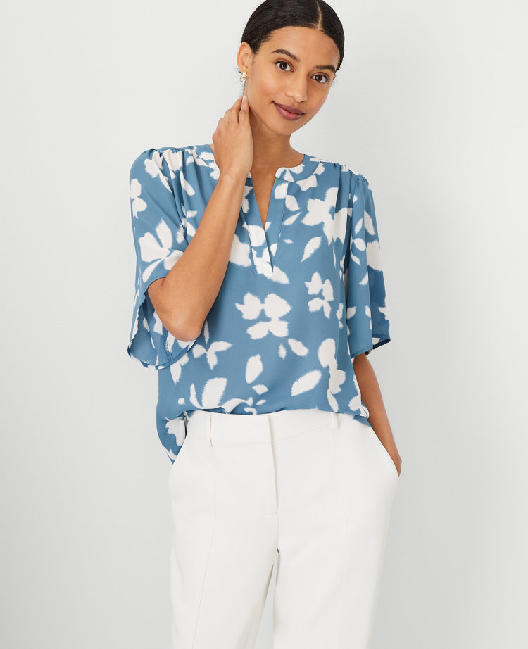 Floral Shirred Split Neck Popover
