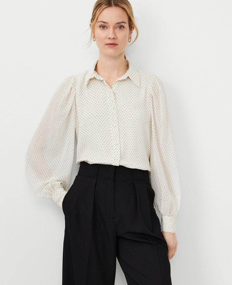 Flocked Dot Collared Puff Sleeve Shirt