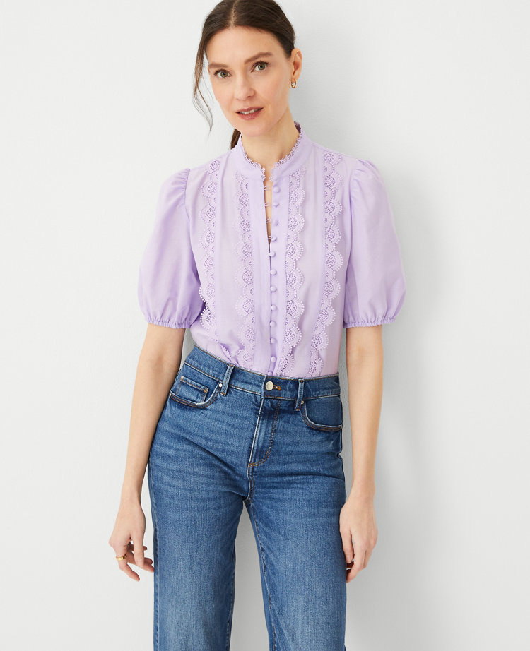 Scalloped Lace Trim Cotton Blend Top