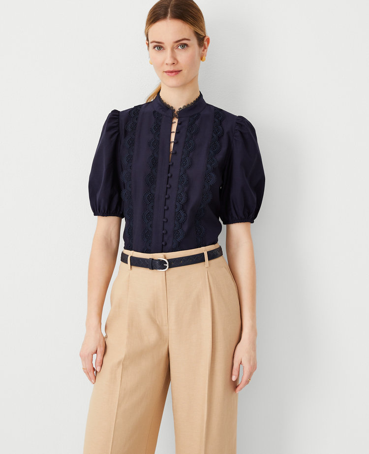 Scalloped Lace Trim Cotton Blend Top