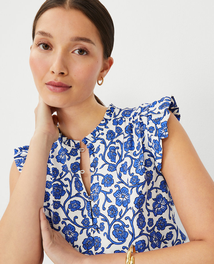 Floral Mixed Media Ruffle Shell