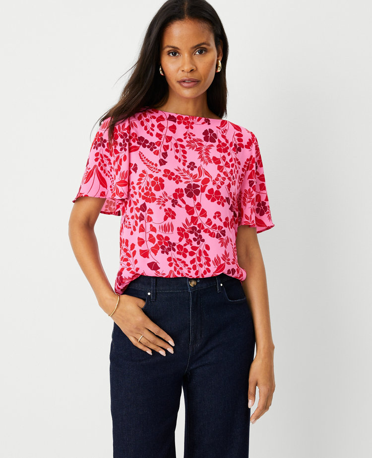 Floral Mixed Media Angel Sleeve Top