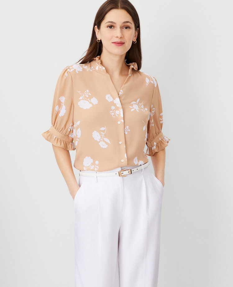 Floral Ruffle Button Top