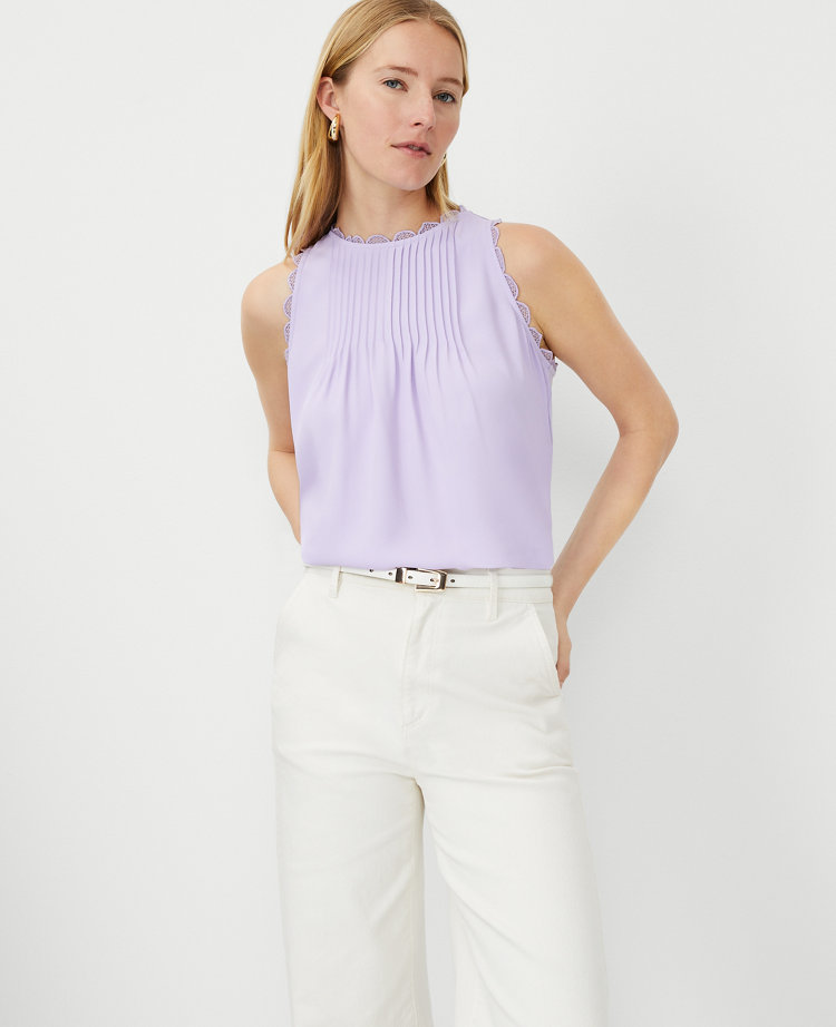 Petite Scalloped Mixed Media Sleeveless Top