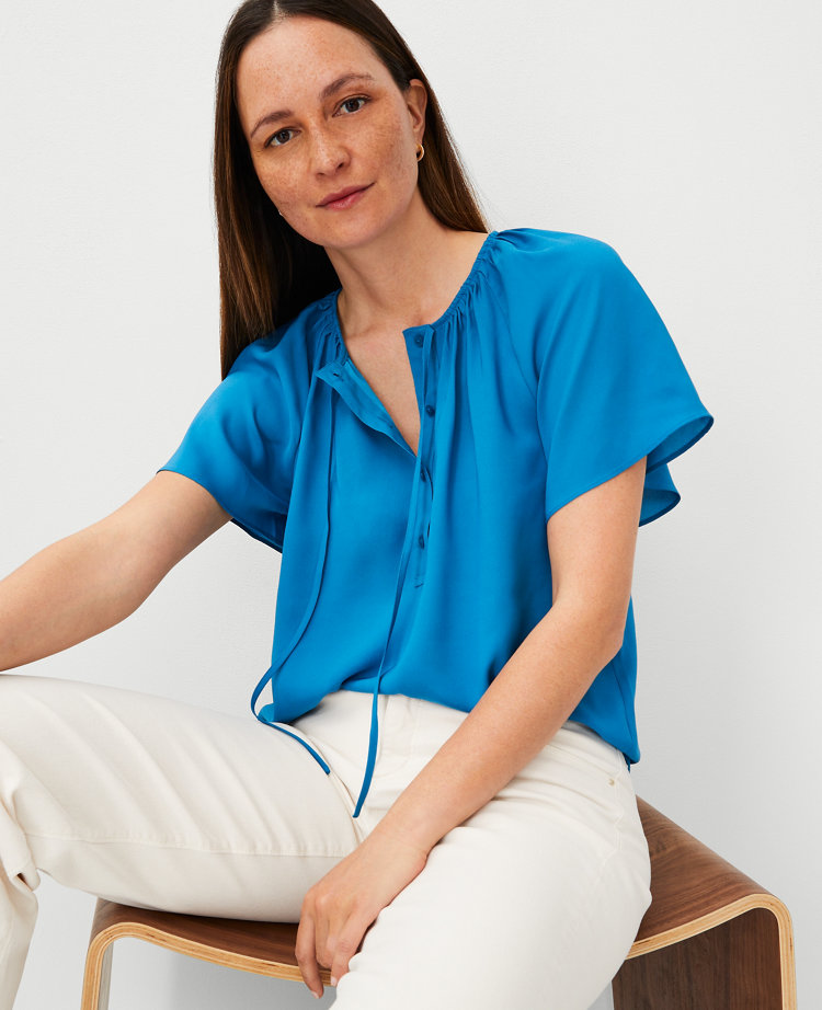 Shirred Tie Neck Button Popover