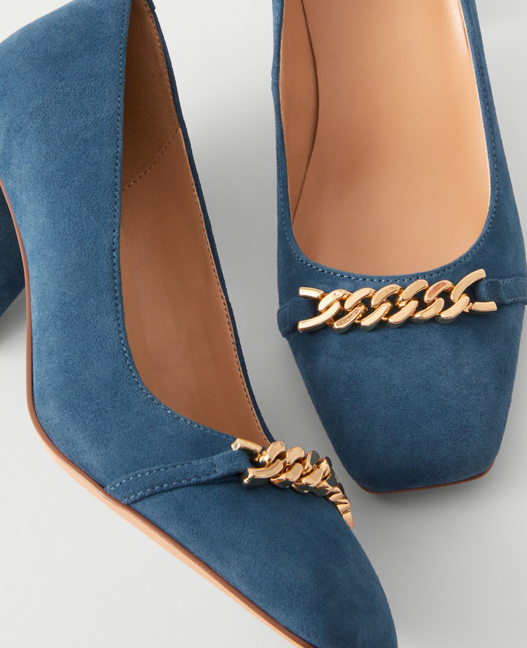 Chain Suede Block Heel Pumps