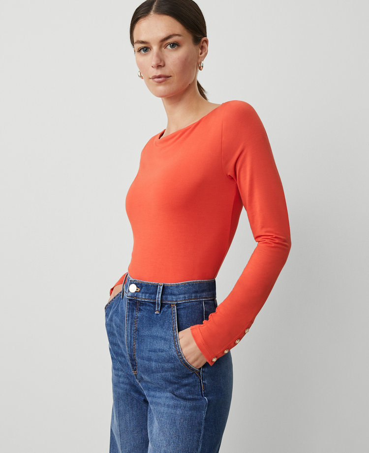 Button Cuff Boatneck Top