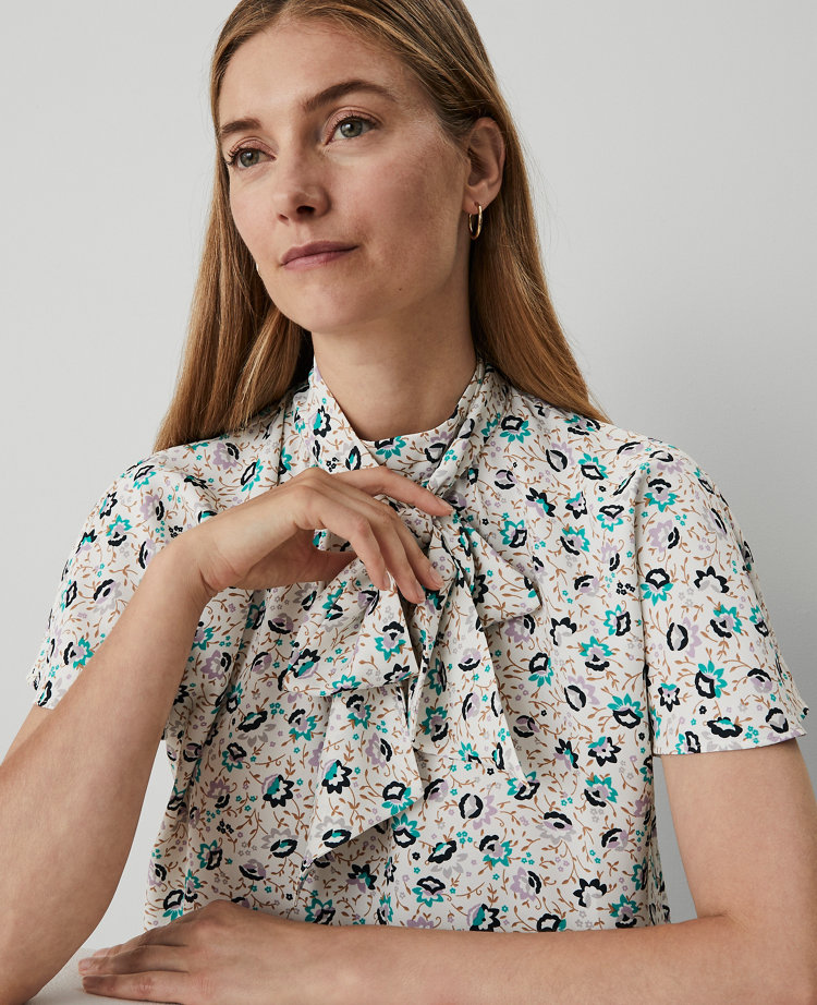 Floral Mock Neck Bow Blouse