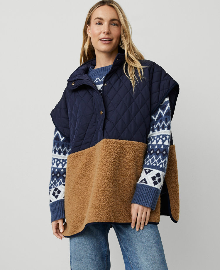 Quilted Sherpa Button Front Poncho