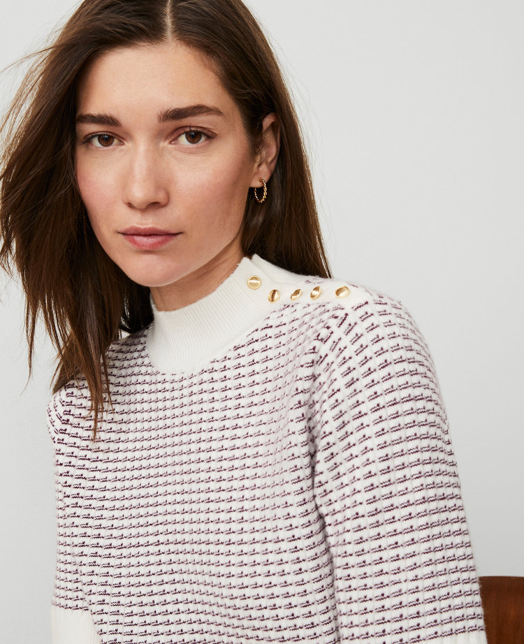 Stripe Mock Neck Button Shoulder Sweater Tee