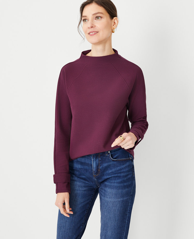Textured Mock Neck Button Cuff Top