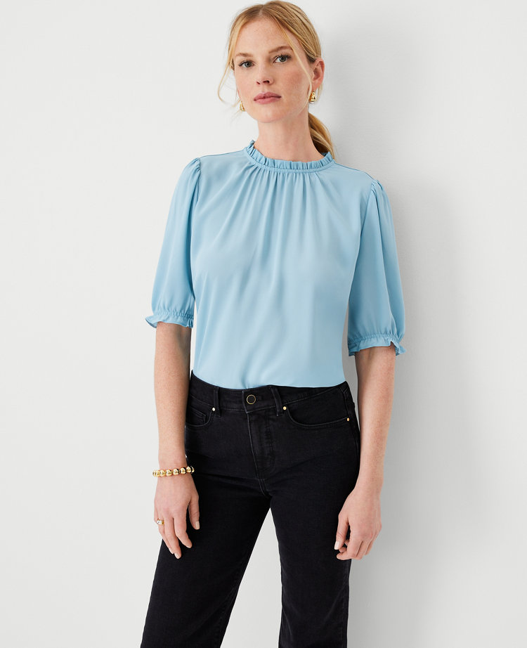 Mixed Media Ruffle Flutter Sleeve Top