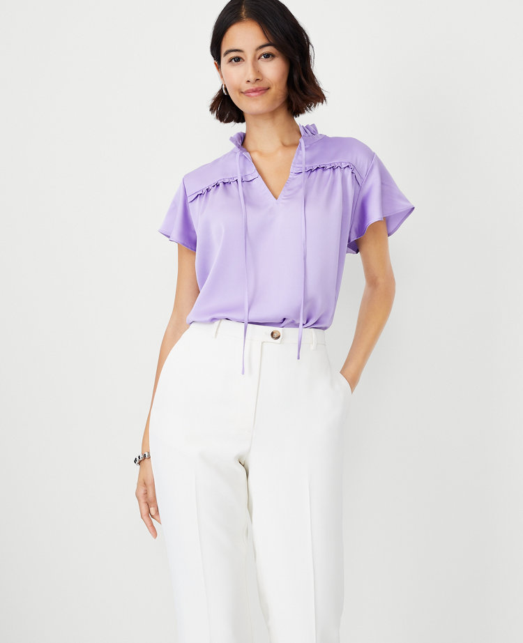 Shimmer Mixed Media Split Neck Flutter Sleeve Top